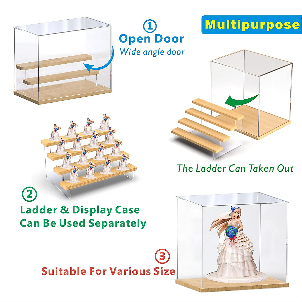 ZzHobbiEs Clear Display Case with Openable Door & Ladder, 3 Tiers Panoramic Display Dustproof Protection for Collectibles, Action Figures, Mini Figurines(3 Tier(Ladder): 8.6x7/ H9.2 in)