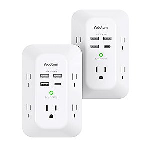 2 Pack USB Wall Charger Surge Protector, 5 Outlet Extender with 4 USB Charging Ports (1 USB C Outlet) 3 Sided 1800J Power Strip Multi Plug Outlets, Wall Adapter Spaced for Home Travel Office