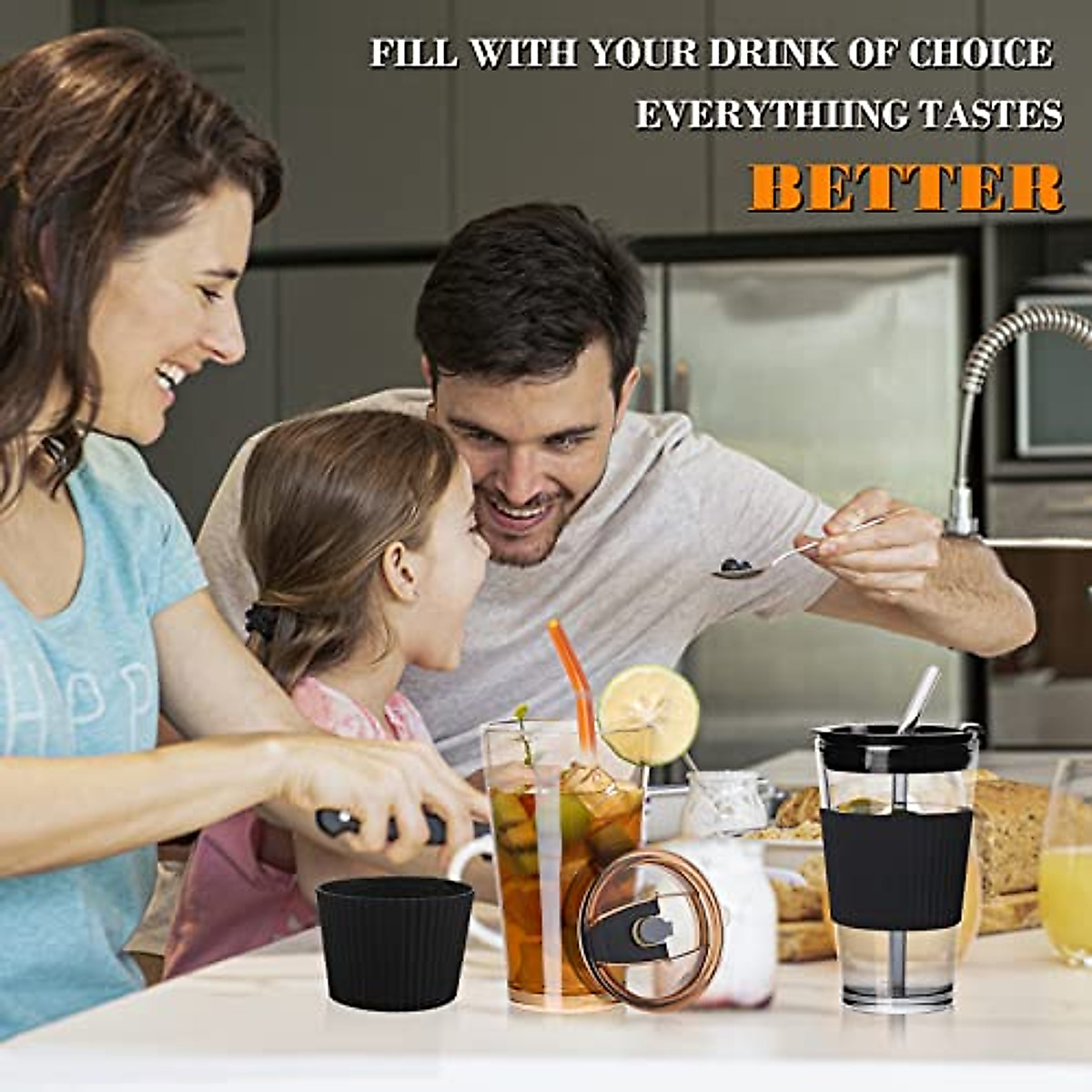 Glass Tumbler with Lid and Straw, Leakproof Glass Cups with Lids and Straws, 3-Way to Drink Drinking Glasses, Iced Coffee Cup Silicone Sleeve Smoothie Cup, Boba Cup for Travel Office Picnic (black)