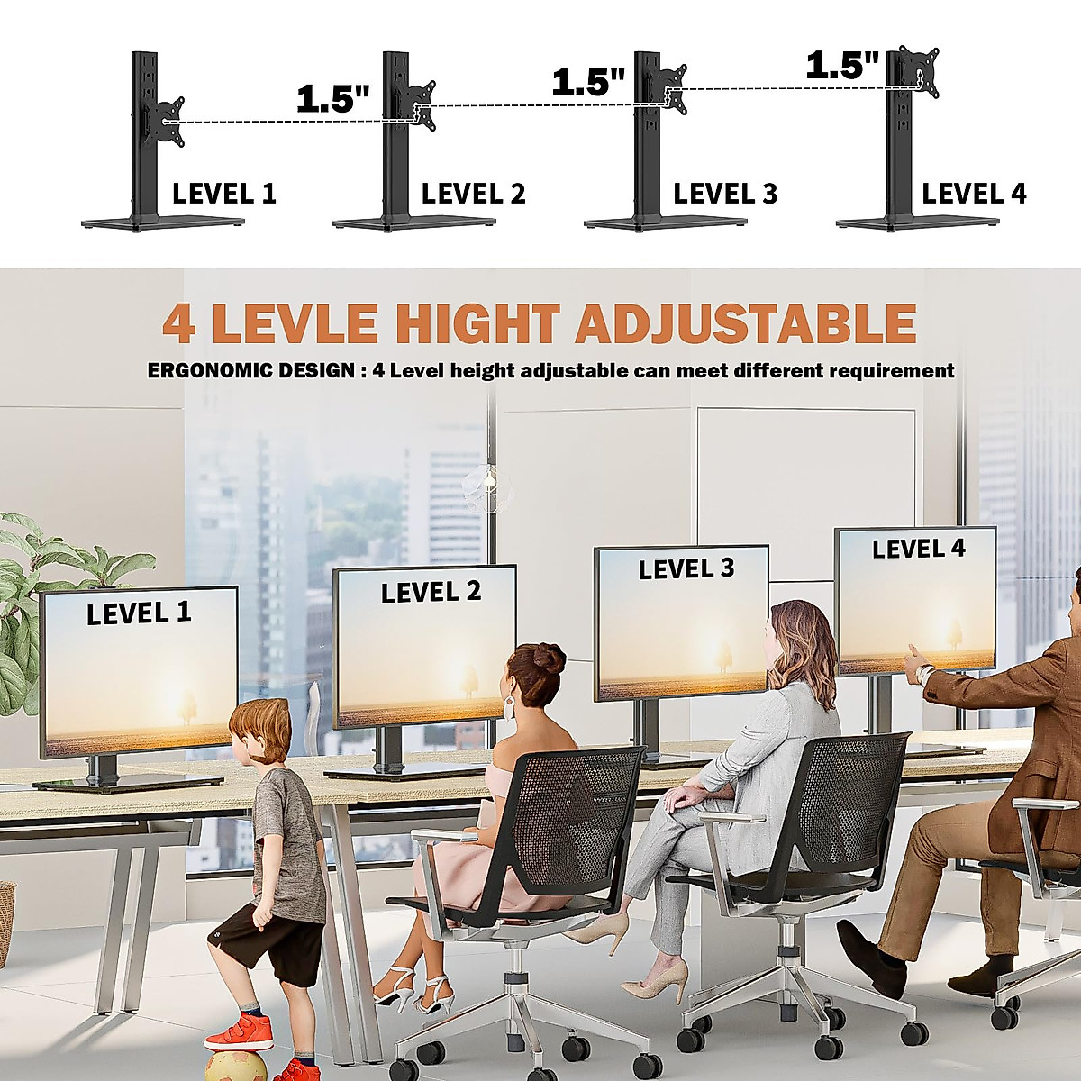2 Pack Single LCD Computer Monitor Free-Standing Desk Stand Riser for 13 inch to 32 inch Screen with Swivel, Height Adjustable, Rotation, Holds One (1) Screen up to 77Lbs(HT05B-201)