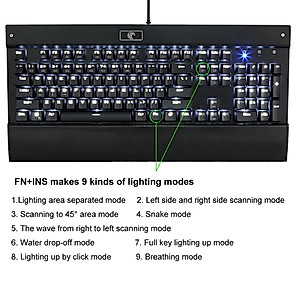 HUO JI E-Element MechanicalEagle Z-77 White LED Backlit Gaming Keyboard, 104 Keys Anti-Ghosting, with Blue Switches, Wrist Rest (Black)