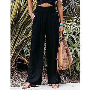Zontroldy Cotton Linen Wide Leg Pants for Women Casual Elastic High Waist Smocked Palazzo Lounge Pants(0718-Black-XL)