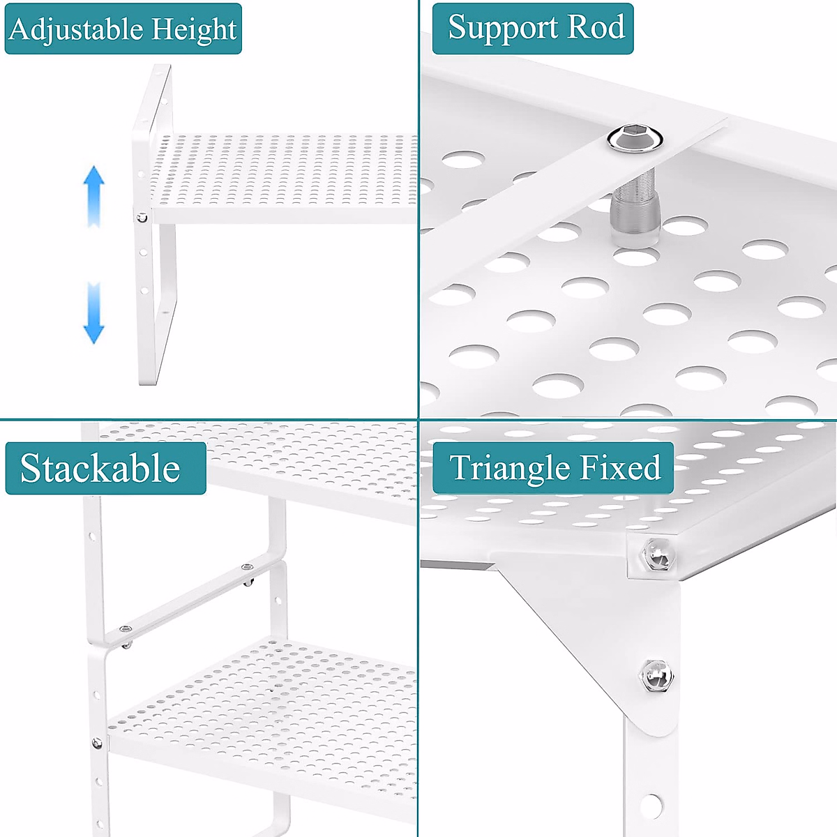 GEDLIRE Expandable Kitchen Cabinet Shelf Organizers 2 Pack, Stackable Metal Pantry Storage Shelves Rack, Adjustable Counter Shelf for Cabinets, Countertop, Cupboard Organizers and Storage, White