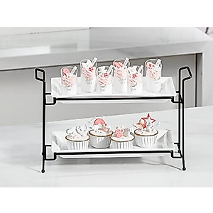 ONEMORE 2-Tier Serving Tray, Collapsible Food Display Stand with Microwave Freezer and Oven Safe Rectangular Ceramic Platters Perfect for Indoor/Outdoor Celebrations and Parties - Bright White
