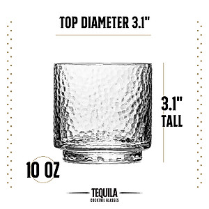 GLASSIQUE CADEAU Tequila Sipping and Cocktail Glasses | Set of 4 | 10 oz Hammered Rocks Glasses for Drinking Mezcal, Margarita, Paloma | Thick Lowball Glasses | Tequila Glassware Collection