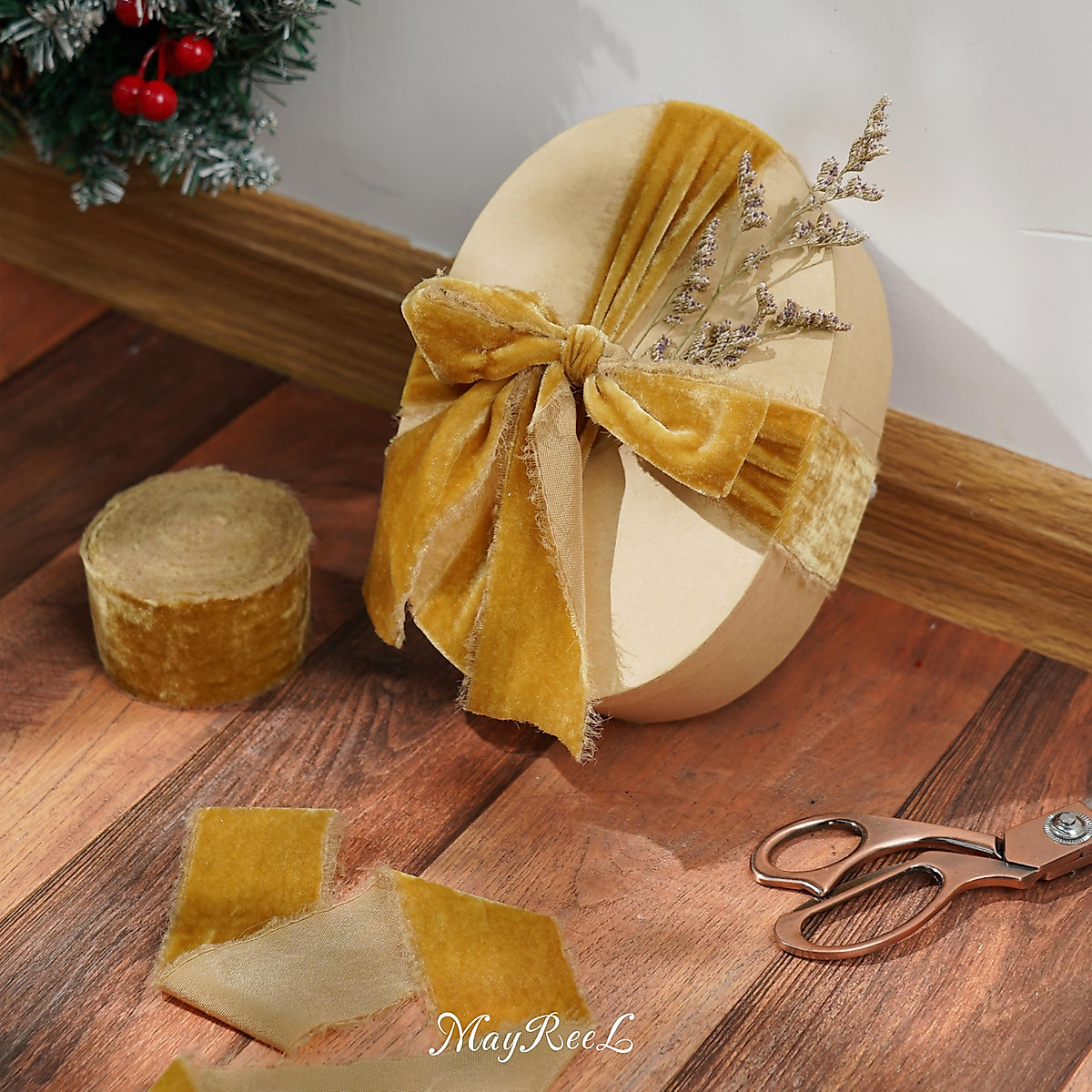 MAYREEL 2 Inch Gold Velvet Ribbon Hand Torn Golden Silk Frayed Edge for Bridal Bouquets Invitations Wedding Vow Books Gift Baskets Hair Bows 3 Yards