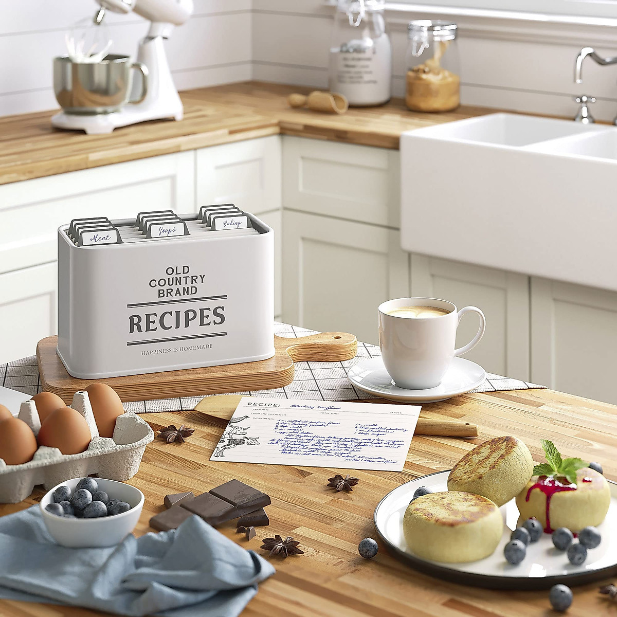 Barnyard Designs Old Country Brand Metal Recipe Box with Cards and Dividers 4 x 6, Vintage Farmhouse Recipe Card Box Holder, Tin Recipe Box Set 50 Recipe Index Cards, 12 Dividers 4x6 with Tabs, White