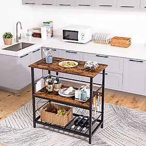 HOOBRO Kitchen Island with Wine Rack, Industrial Kitchen Counter with Hooks and Protective Rails, 3 Tier Kitchen Shelf with Large Workstation, Easy Assembly, Rustic Brown BF02ZD01