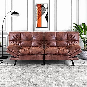 IULULU Futon Sofa Bed Faux Leather Couch with Adjustable Armrests, Modern Industrial Sleeper Daybed for Small Spaces, Living Room, Compact Apartment, Office, House, Condo, Loft, Bungalow, Brown