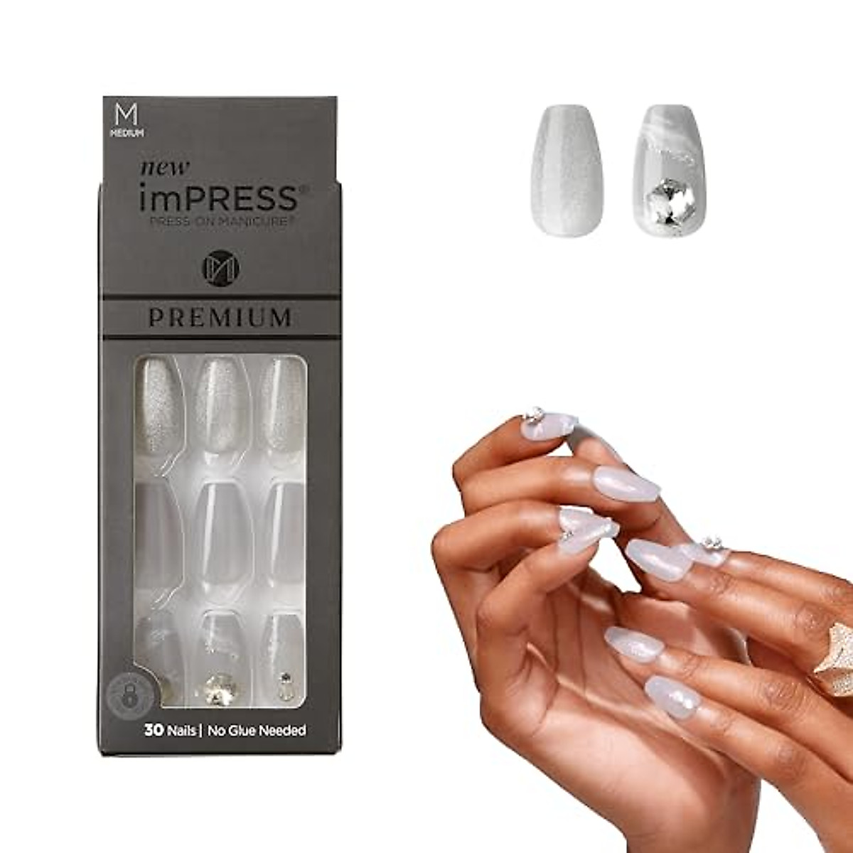 KISS imPRESS No Glue Mani Press On Nails, Premium, 'Legacy', Gray, Medium Size, Coffin Shape, Includes 30 Nails, Prep Pad, Instructions Sheet, 1 Manicure Stick, 1 Mini File