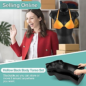 Geetery 2 Pieces Female Mannequin Torso Dress Form with Stand and Hanging Hook Table Top Mannequin Hollow Back Body for Counter Craft Show Photo Design Retail Store Exhibition, S-M Size (Black)