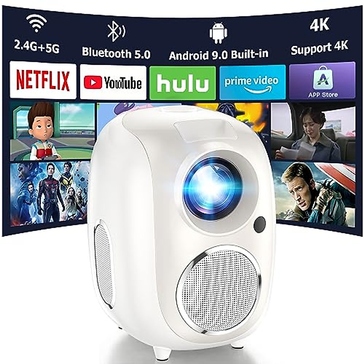 4k Projector with Wifi and Bluetooth, TOWOND Smart Projector with Android 9.0, 12000 Lumens Portable Video Projector, Full HD 1080P 4K Compatible with Smartphone/TV Stick/HDMI/USB/AV for Home Theater
