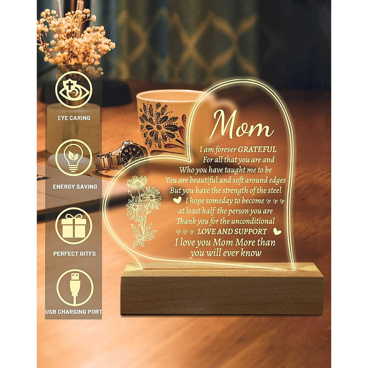 Mom Gifts from Daughter Son, Engraved Night Light Mom Gifts, Mothers Day Gifts for Mom from Daughter Son, Unique Birthday Gifts for Mom, Stepmom