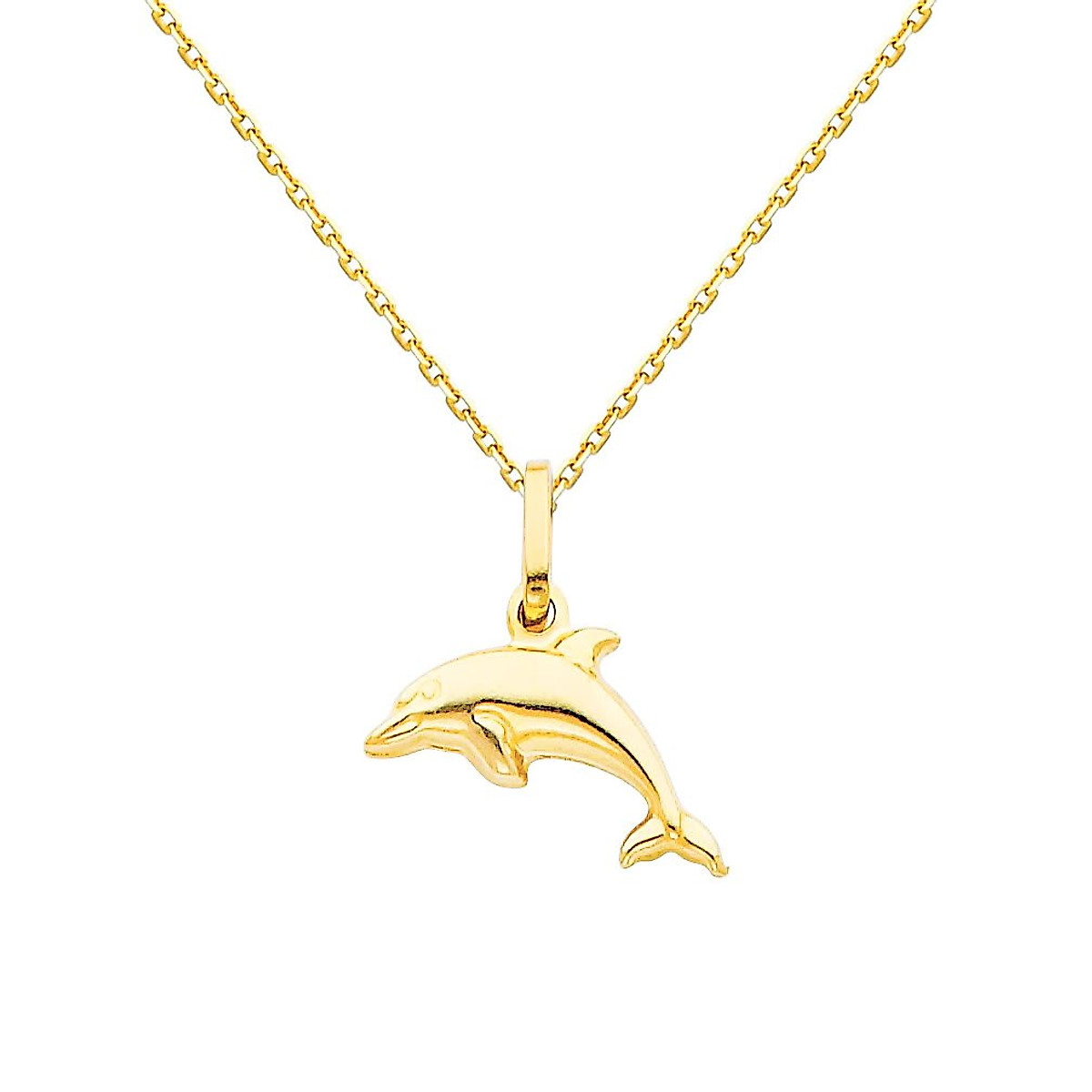 The World Jewelry Center 14k REAL Yellow Gold Dolphin Pendant with 0.9mm Cable Chain Necklace - 16"