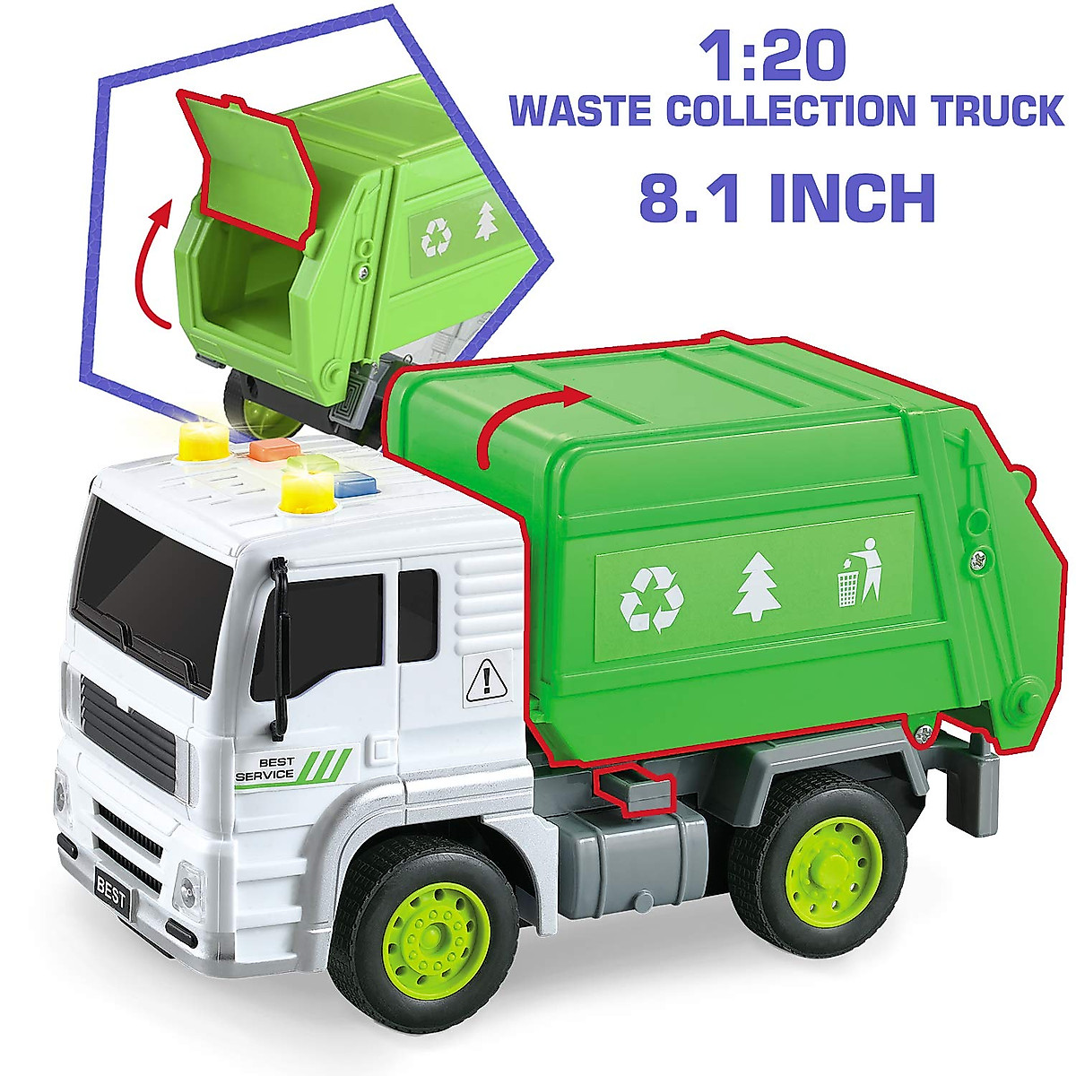 5 Pack Friction Powered Truck Toy Set(8 Inch) Including Garbage Truck, Construction Truck, Fire Truck, Police Car, Helicopter, All with 4D Stunning Light and Sound, Vehicles Toys for Boy Toddler Kid