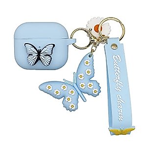 Jeriwell Compatible with AirPods 3rd Generation Case Cover Soft Silicone Waterproof 3D Butterfly with Keychain for Airpods 3 Charging Case 2021 for Women Girls (Light Blue)