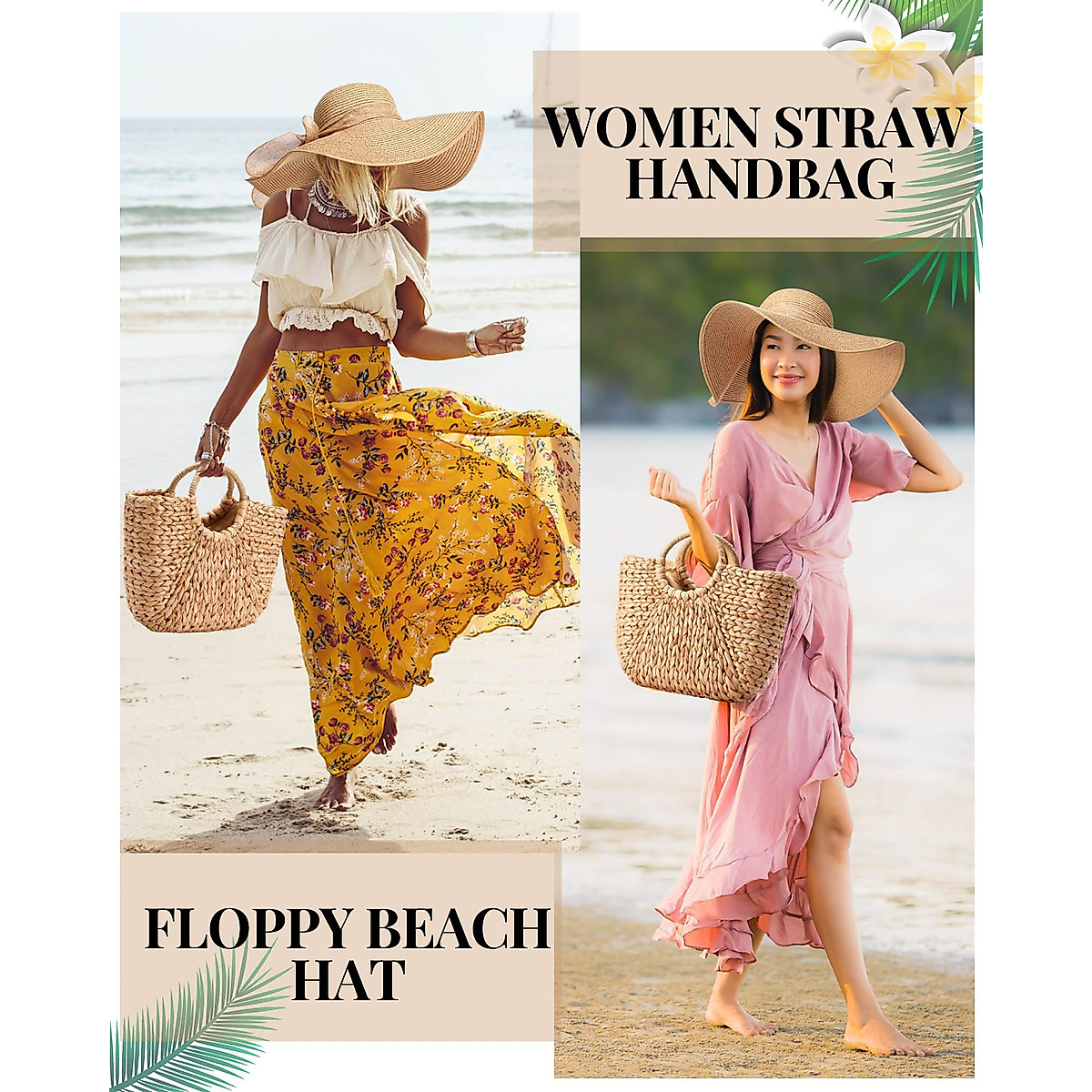Loetere 5 Pcs Women Large Straw Beach Bag 5.5 Inch Big Bowknot Straw Beach Hat with Rattan Earrings Set Summer Handwoven Straw Tote Bag Wide Brim Floppy Sun Hat Foldable for Summer Vacation Travel