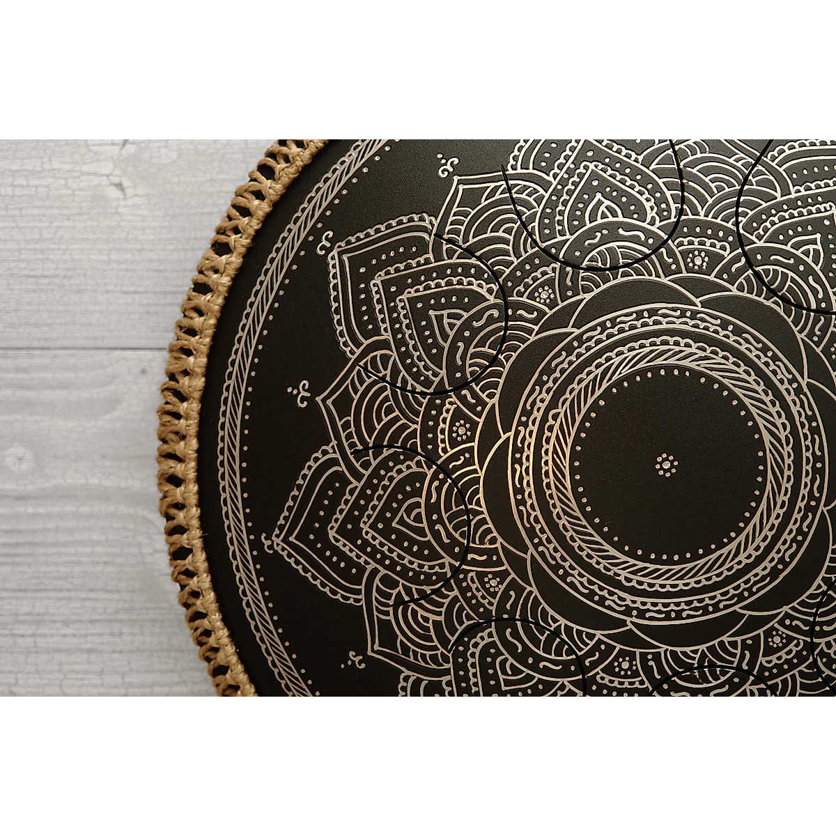 GUDA DRUM Freezbee Black with Ice Flower design, FREE Rope Decoration and Travel Bag