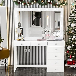 Boahaus Serena LARGE Makeup Vanity with Hollywood Lights Built-in, 7 Drawers, Hollywood Mirror, Hairdryer Hanger, Glass Top, Crystal Ball Knobs, White Vanity Makeup Desk for Bedroom, 58''Hx47''Wx17''D