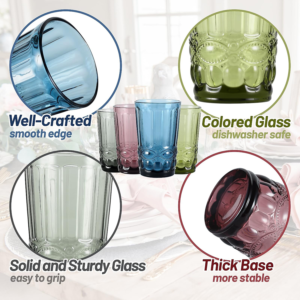 Wongblee Colored Drinking Glasses 10.8 Oz, Vintage Embossed Multicolored Glassware, Romantic Tumblers Glass for Water, Juice, Beverages, Pack of 4