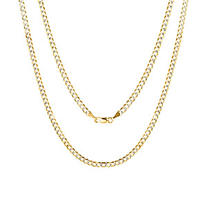 Nuragold 10k Yellow Gold Solid 3mm Cuban Chain Curb Link Diamond Cut Pave Two Tone Pendant Necklace, Mens Womens Jewelry 16" 18" 20" 22" 24" 26" 28" 30"