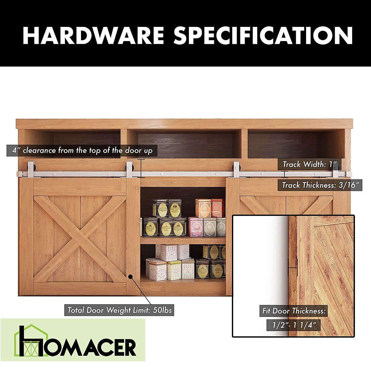 Homacer Mini Brushed Nickel Non-Bypass Sliding Barn Door Hardware Kit, for Two/Double Doors, 54-inch Long Flat Track, Bent T-Shape Design Roller, Cabinet TV Stand Console Use…