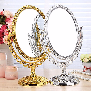 Guppy Desktop Antique Vintage European Style Two Sided Swivel Oval Tabletop Vanity Makeup Mirror with Embossed Hollow Flower Shiny Pedestal(Gold)