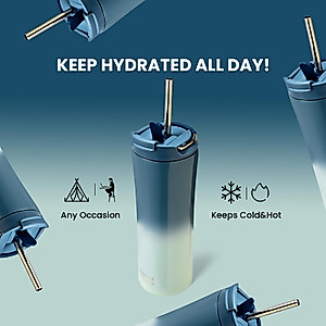 BOTTLE BOTTLE Insulated Coffee Tumblers with Dual-use Lid and Straw Double Walled Iced Travel Coffee Mug for Woman and Man 18 oz Stainless Steel Tumbler with Handle(Ocean Blue)