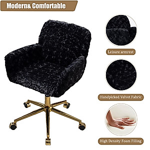 LKTART Faux Fur Home Office Desk Chair for Women Girl, Modern Accent Chair with Rolling Wheels, Upholstered Vanity Makeup Chairs Height Adjustable Armrest for Living Room Bedroom Office Black
