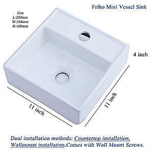 Friho 11×11×4 inch Small Sinks for Tiny Bathrooms,Countertop Sink,Wall Mount Sink,White Corner Wall Mounted Bathroom Vessel Sink,Mini Rectangle Lavatory Porcelain Ceramic Washing Bathroom Vanity Sink