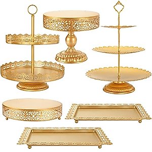 Nelhalt Gold Cake Stand 6 Pcs, Antique-inspired Dessert table Display Set Different Heights and Shapes Stands Tiered Cupcake Holder Candy Fruit Plate Decoration for Wedding Birthday Party Celebration