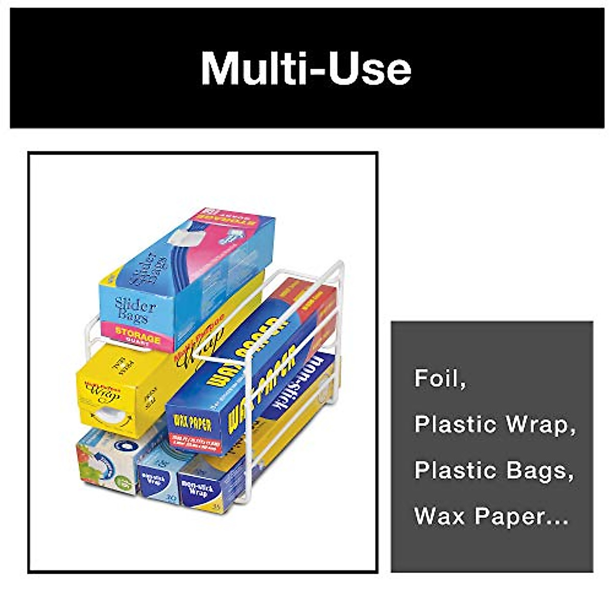 Smart Design 3-Tier Kitchen Foil Wrap Holder Organizer - Steel Metal Wire - Rust Resistant Finish - Pantry, Under Sink, Cabinet Organization - Kitchen (9.9 x 7 Inch) [White]