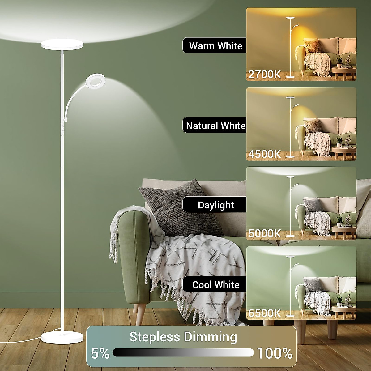 marctronic White Floor Lamp, 42W 4000LM Super Bright LED Room Lamp with Adjustable Reading Light,Dimmable Modern Standing Lamp with Remote & Touch Control for Room Bedroom Office Floor Light