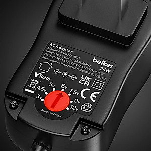 Belker 24W Universal AC/DC Adapter Multi-Voltage Regulated Switching Power Supply with 9 Selectable Adapter Plugs for 3V 4.5V 5V 6V 7.5V 9V 12V Household Electronics - 2Amps Max.