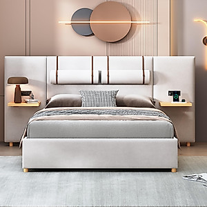Merax Queen Size Upholstered Platform Bed, Modern Bedframe with Two Outlets and USB Charging Ports on Both Sides, Two Bedside Pillows, Storage Shelves, Beige