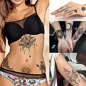 Shegazzi 58 Sheets Black Lace Temporary Tattoos For Women Girls, Large Lotus Mandala Flower Snake Elephant Butterfly Fake Adults Kit, Indian Tribal Skull Arm Sleeve Neck Tatoos Wedding