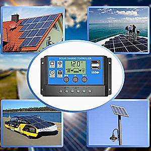 Solar Charge Controller, Lpluziyyds 30A Solar Panel Controller 12V/24V PWM Auto Parameter Adjustable LCD Display Solar Panel Battery Regulator with Dual USB Port
