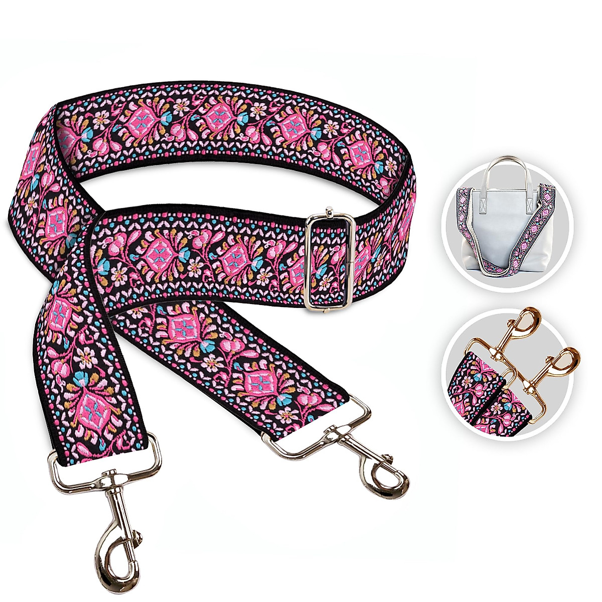 Pink Cotton Handbag Strap & Purse Strap Replacement - Jacquard Woven Embroidered Guitar Strap Styled Shoulder & Crossbody Strap - Adjustable Bag Strap For Tote And Messenger Bags – Silver Hardware