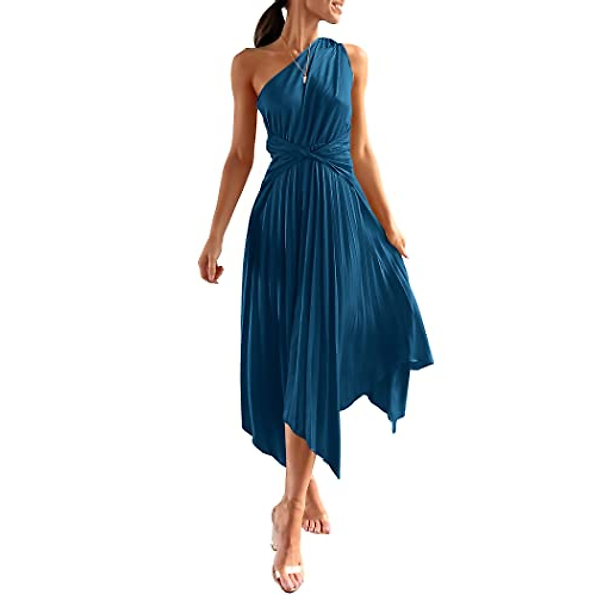 PRETTYGARDEN Women's Summer Long Satin Dress One Shoulder Sleeveless Ruched Twist Flowy Maxi Dresses (Lake Blue,Small)