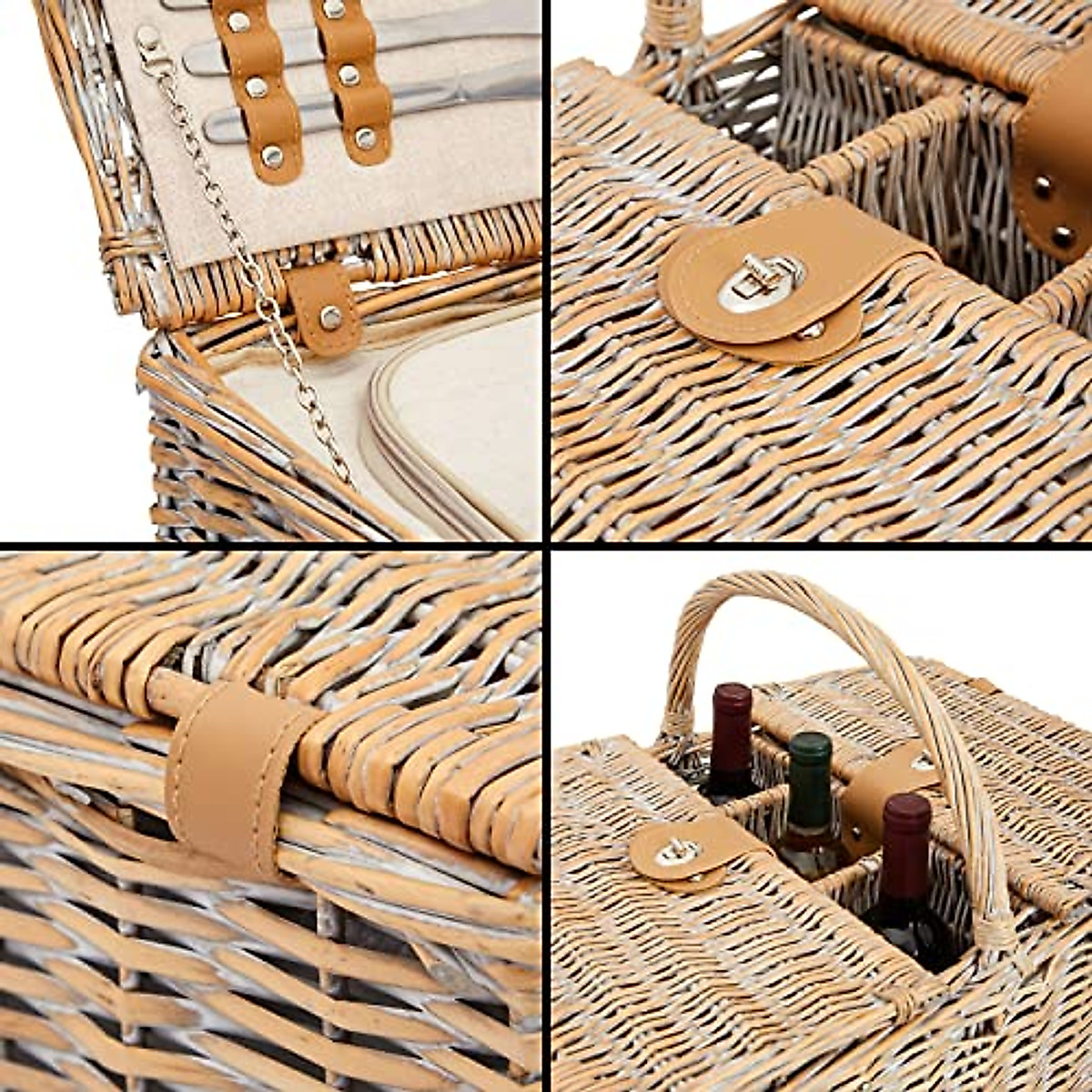 Wicker Picnic Basket Set for 4 with Insulated Cooler Bag, Silverware, Glasses, Napkins, Double Lid, Straw/White Finish