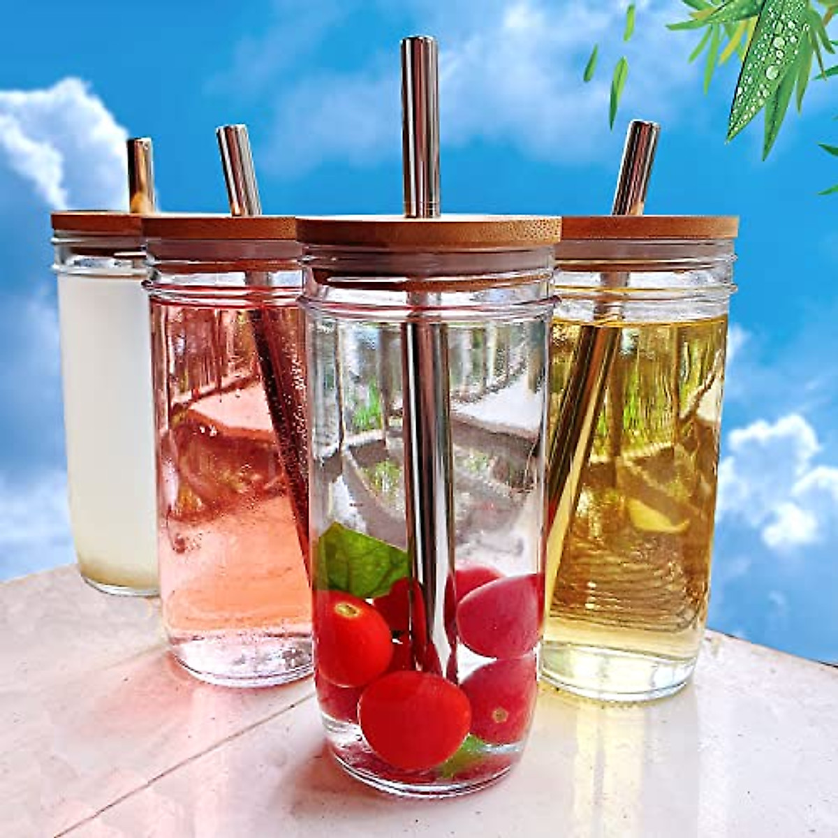 Glass Cups Set（ 4 Pack） - 24oz Mason Jar with Lid and Straw Reusable Iced Coffee Cup Wide Mouth Bubble Cups, Smoothie Bobo Cup w 12 Airtight Lids Brush, Travel Glass Drinking Bottle, Juice