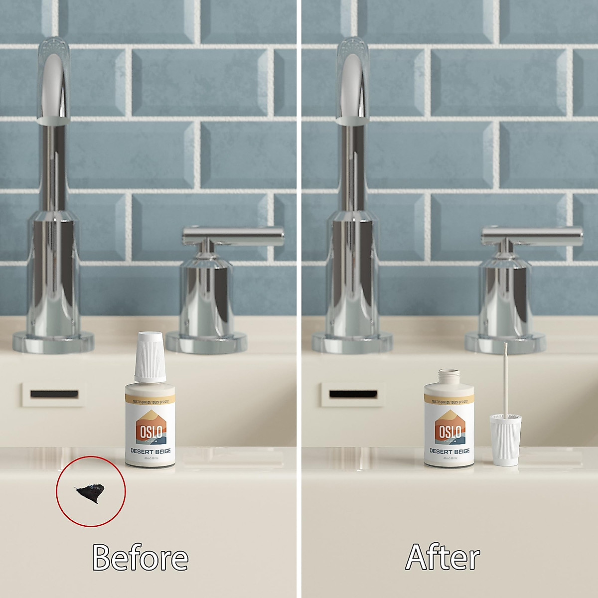 Oslo Home Porcelain + Appliance Touch Up Paint, Desert Beige, 20ml, High Gloss, w/Brush in Bottle, for Bathroom Fixtures, Metal