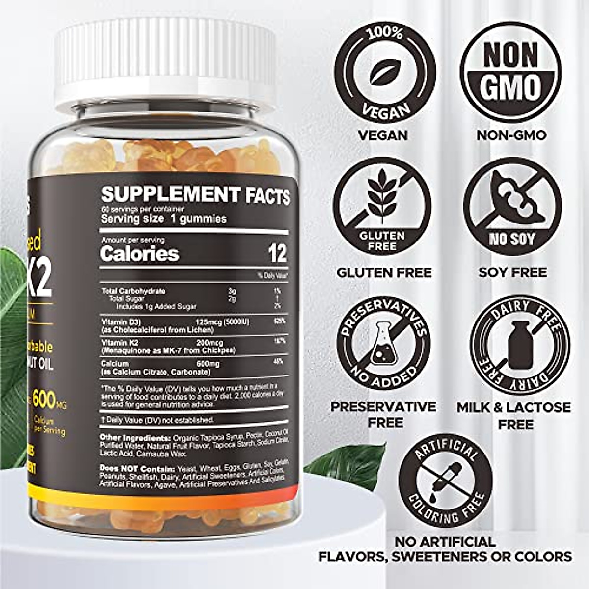 Vitamin D3 5000IU Gummies 125mcg with Calcium 600mg+K2( MK7 ) 200mcg, Coconut Oil for High Absorption, Maximum Strength Vitamin D Supplement - Support Strong Bones, Immune System Health Vegan 60 Count