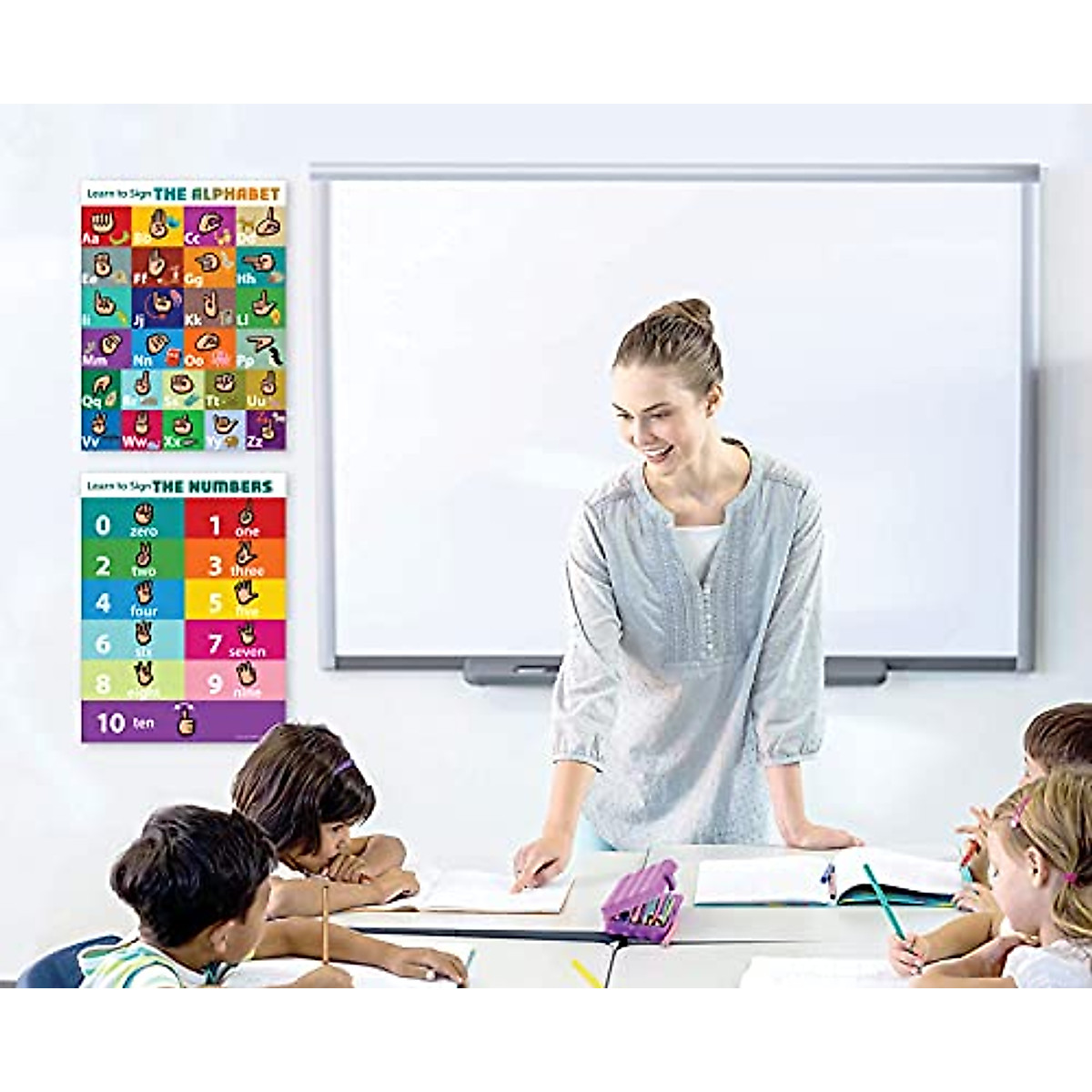 MWB ASL Learn to Sign Posters for Kids - Hand Sign Language Flash Card Posters with Colors, Feelings, Animals, Shapes | ASL Educational Posters for Classrooms and Home | 18" x 13" Laminated (Pack of 2)