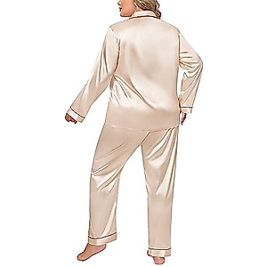 SWOMOG Women Plus Size Long Sleeve Pajamas Silk Satin Womens Pajama Sets Button Down Sleepwear Top Pj Loungewear with Pockets Champagne