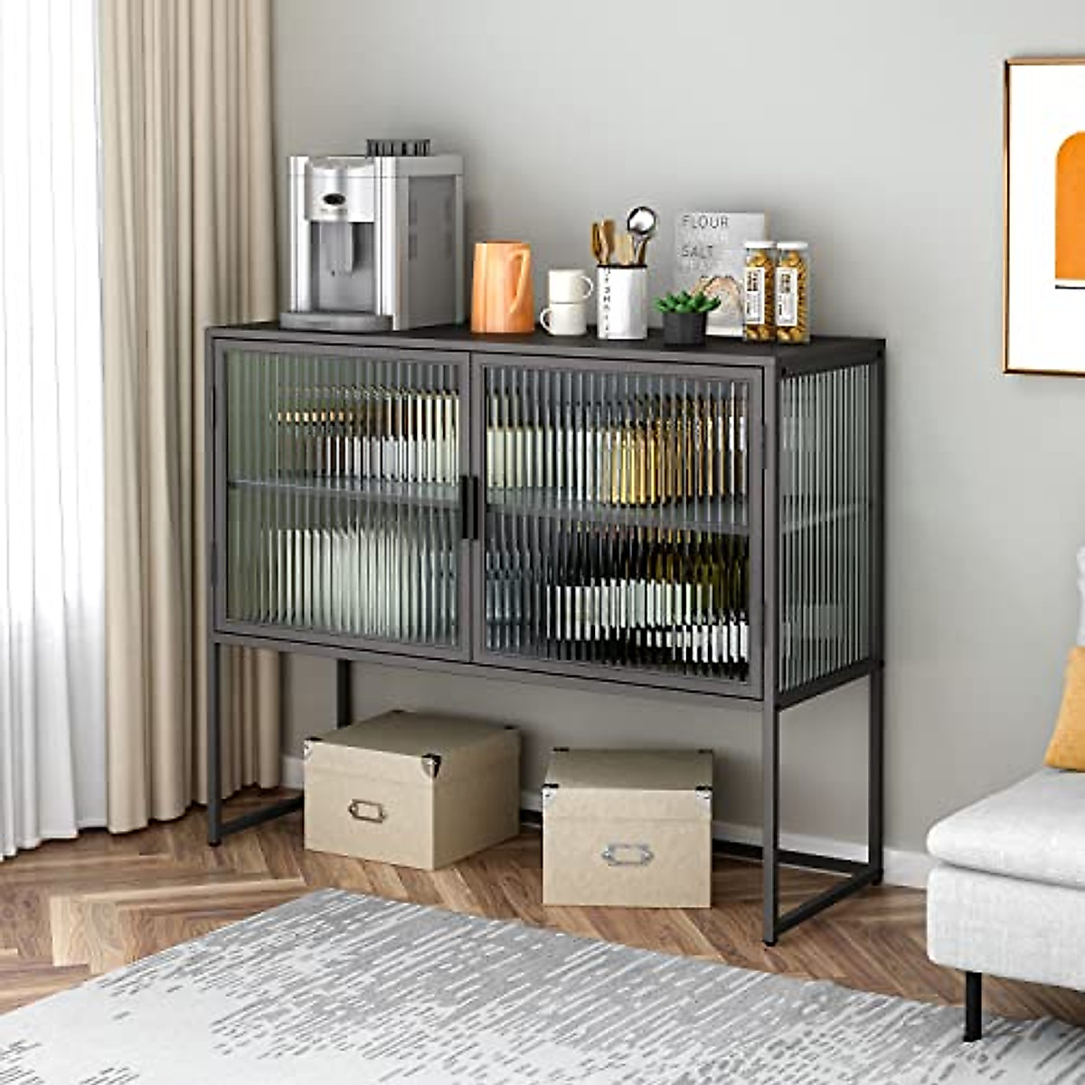 NOSGA Retro Style Fluted Glass Sideboard Storage Cabinet Simple Modern Console Table Detachable Wide Shelves Enclosed Dust-Free Storage Bottom Space for Living Room Bathroom Dining Room,Gray