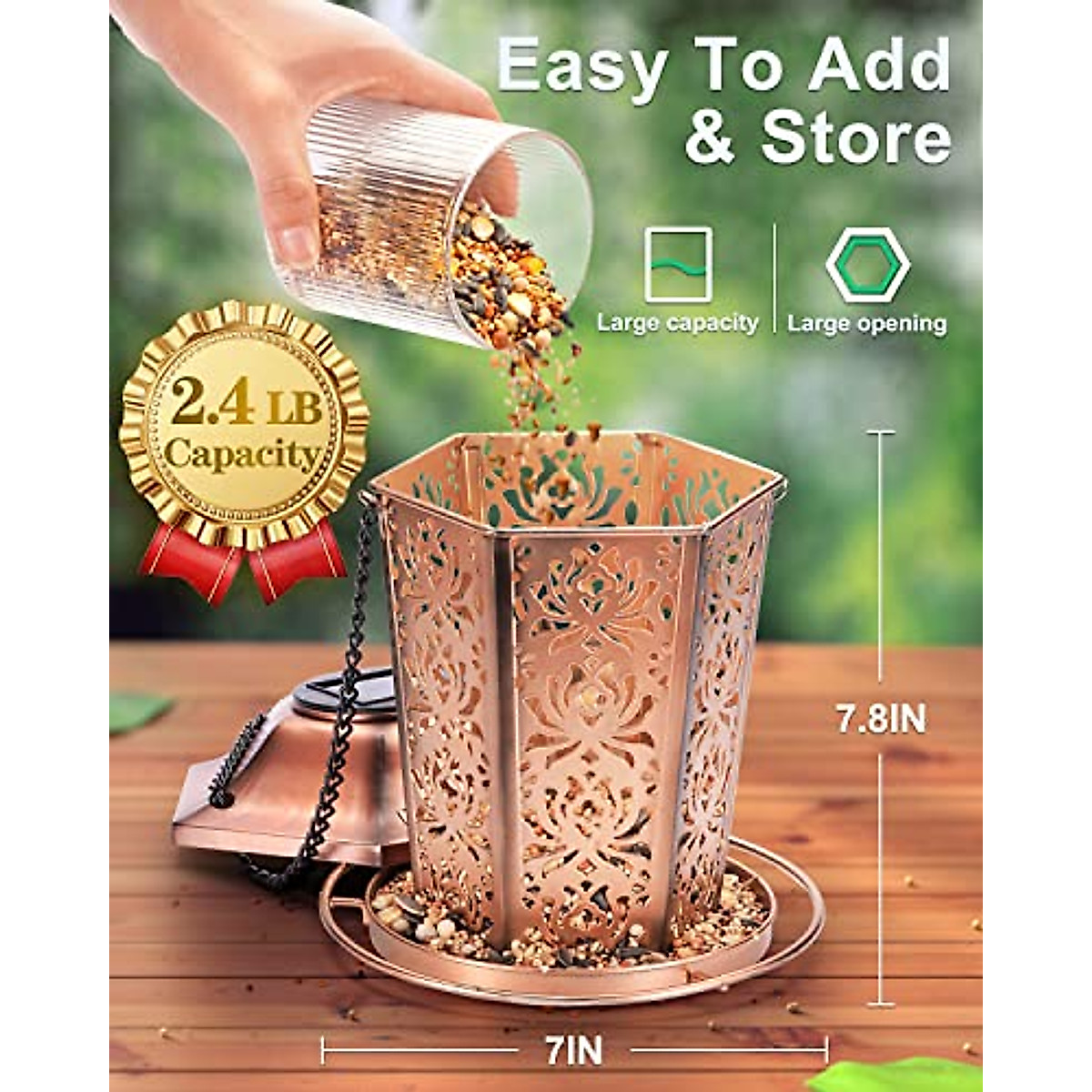 Solar Bird Feeders for Outdoors Hanging - Premium Grade Metal Bird Feeder, Chew-Proof, Weather and Water Resistant Wild Bird feeders, Outside and Garden Decoration (Standard)