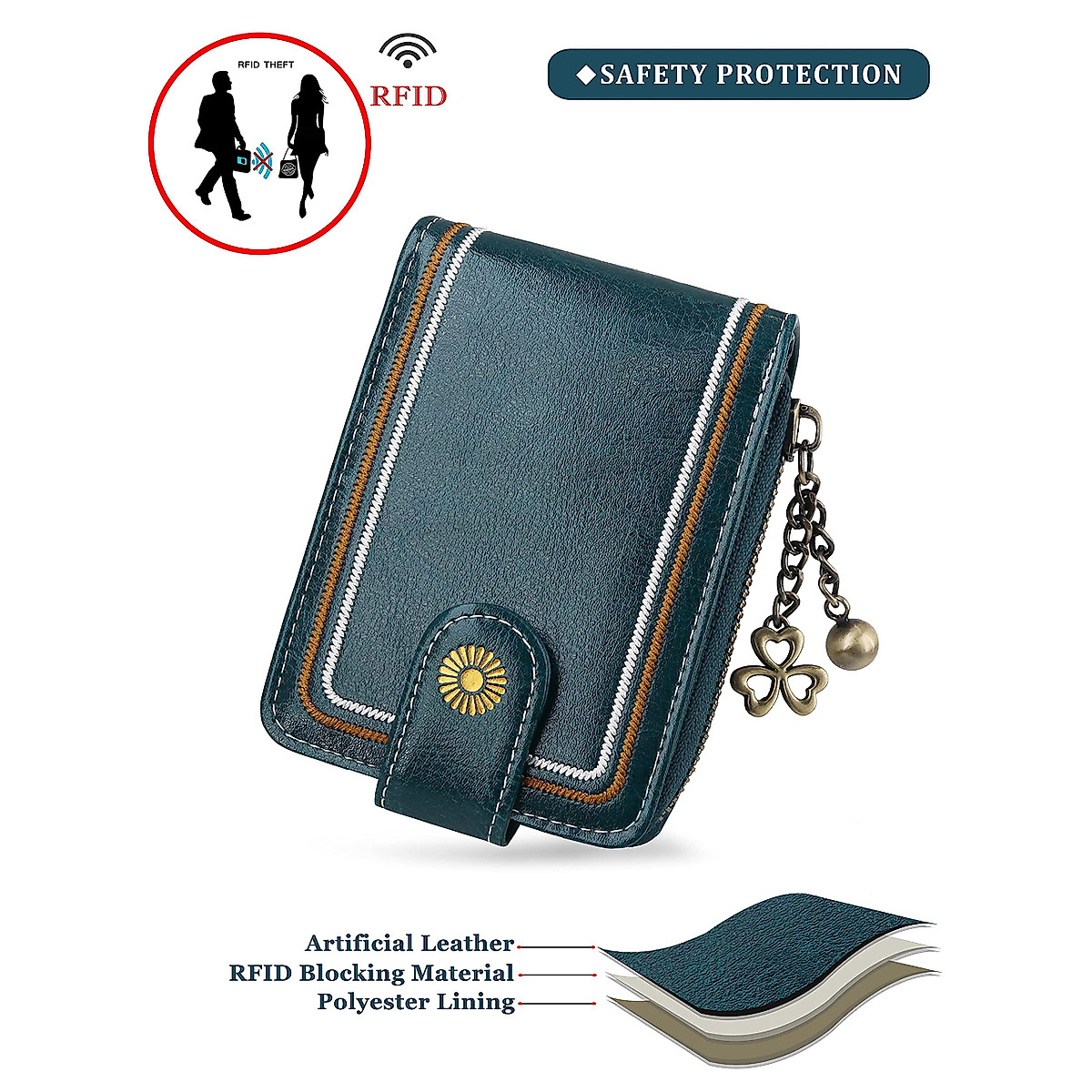 IamaCos Women Credit Card Wallet Bifold Artificial Leather Wallets RFID Blocking Zipper Card Holder 9 Card Slots 4 ID Windows Cute Pendant Blue