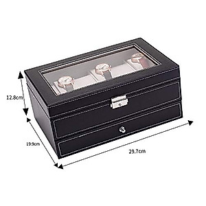 Knocbel 12 Slots Watch Box Organizer Jewelry Display Case with 1 Drawer, Metal Lock, Glass Top & Removable Velvet Pillows (Black Leather)