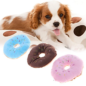 Toyvian 6pcs Dog Chew Toy Soft Plush Donut Shaped Squeaky Squeaking Sound Toy Plush Pet Puppy Toys Soft Pets Bite Chewing Puppy Dog Toy (Coffee + Strawberry + Blue Each 2pcs)